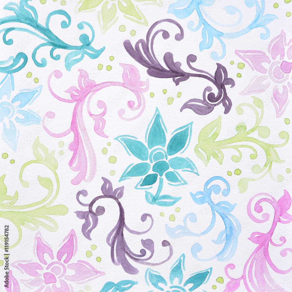 floral pattern watercolor painting in teal blue yellow and purple pink ...