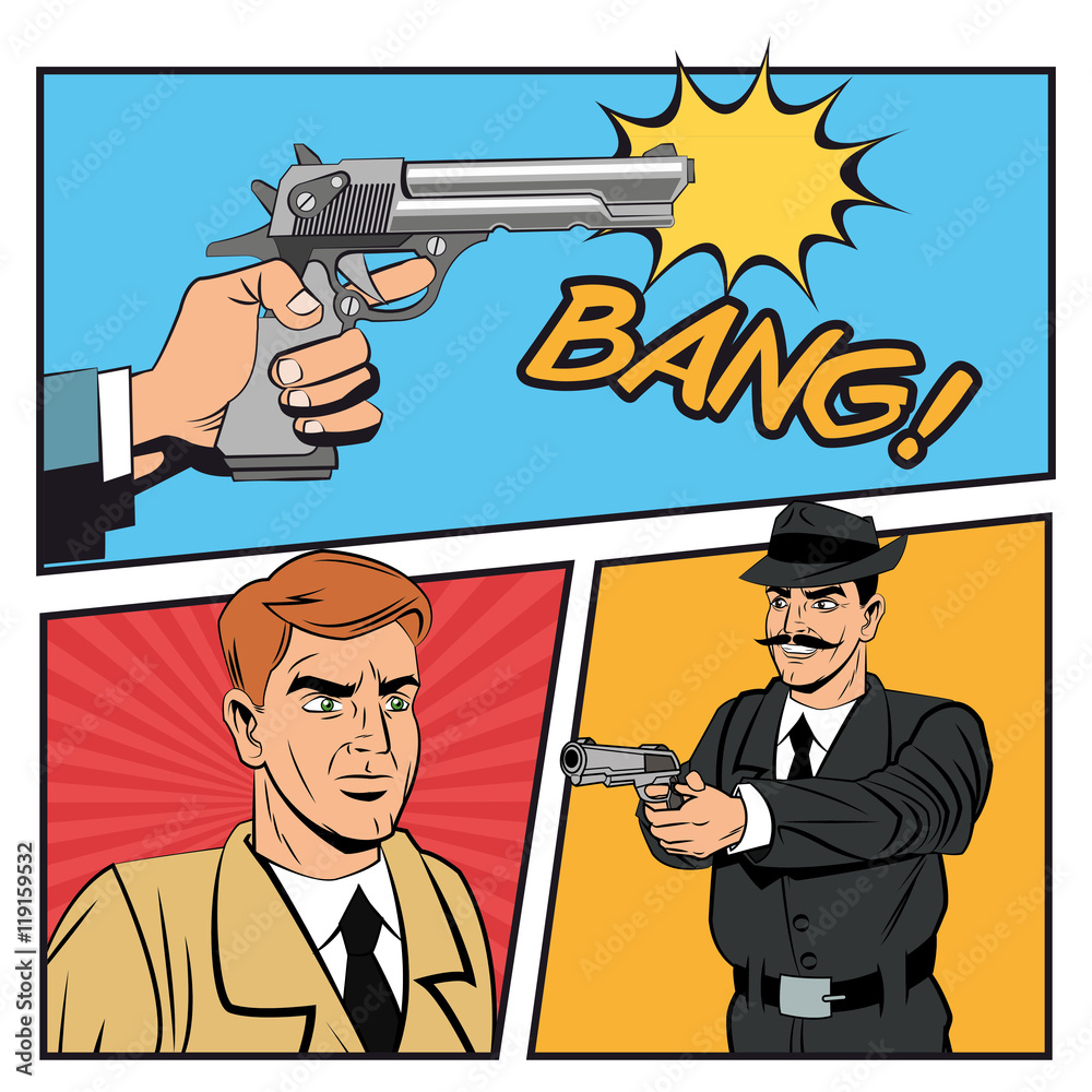Detective police man gun revolver pop art comic cartoon icon. Colorful ...