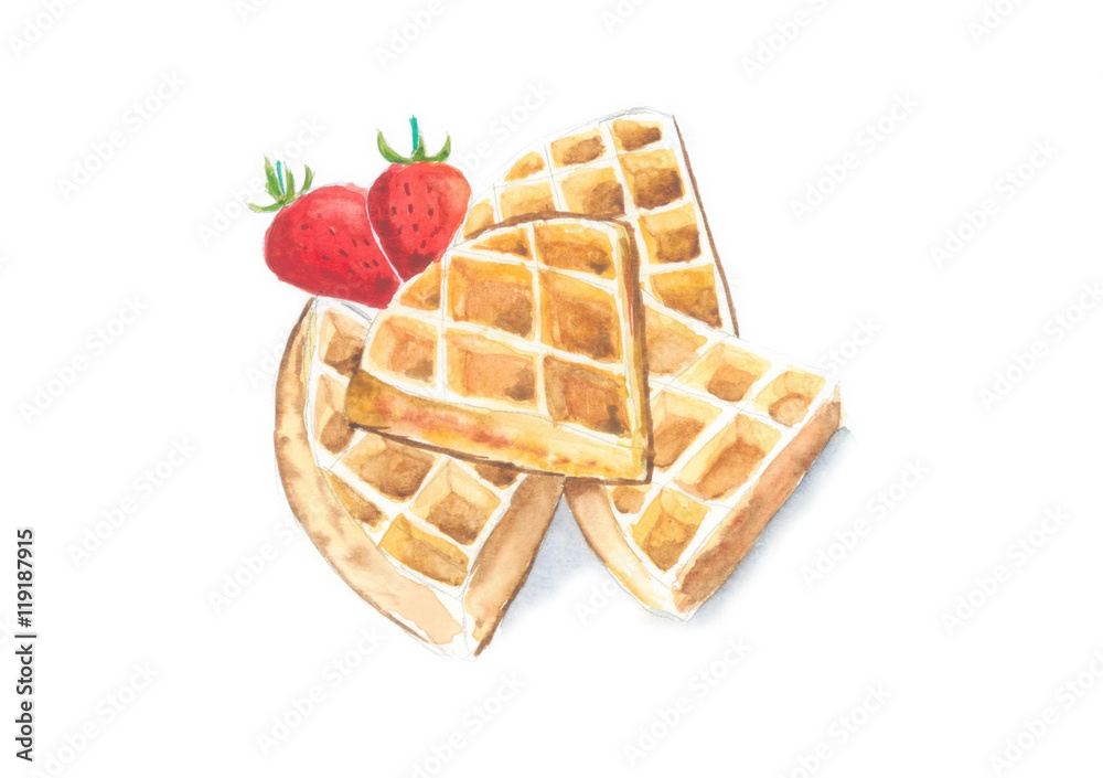 Waffle, Watercolor painting isolated on white background Stock ...