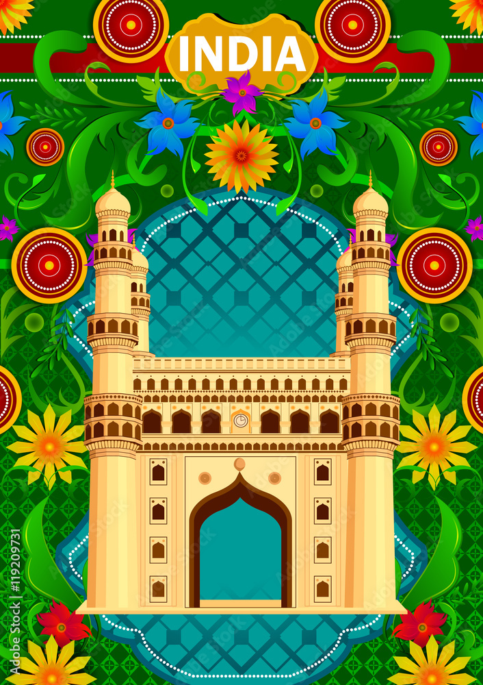 Floral background with Charminar showing Incredible India Stock Vector ...