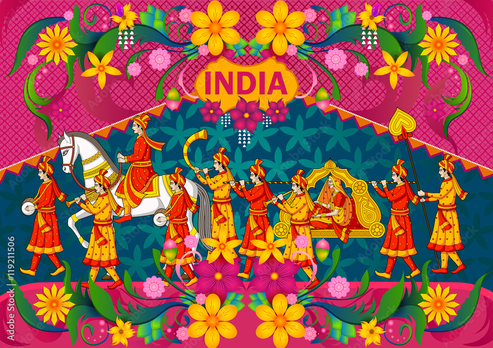 Floral background with Indian wedding baraat showing Incredible India ...