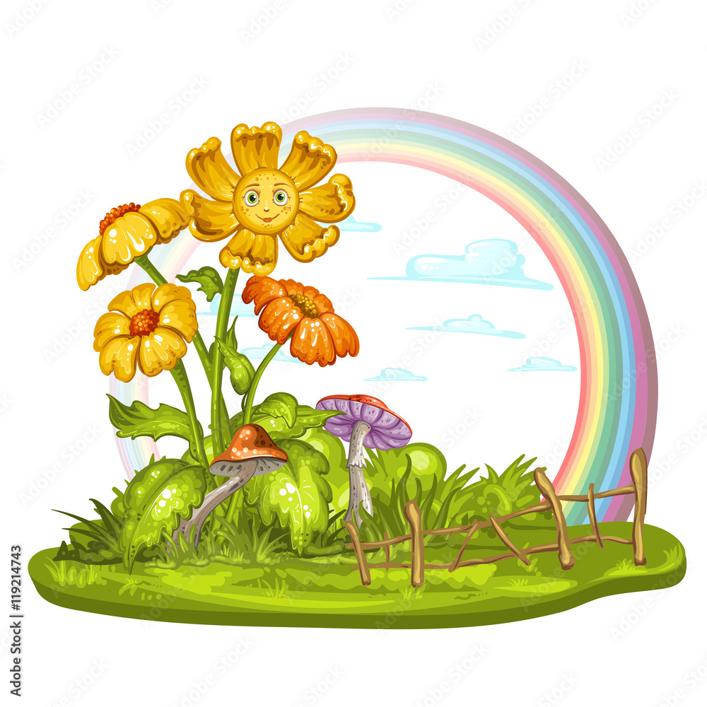 Cartoon flowers on green glade Stock Vector | Adobe Stock