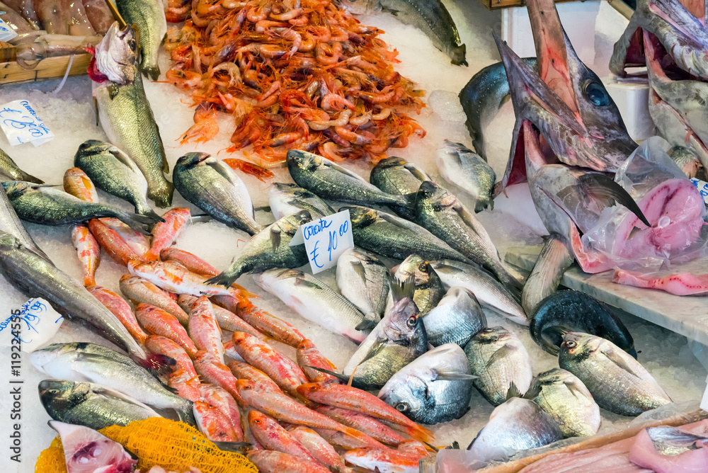 Fresh fish and seafood at the Vucciria market in Palermo, Sicily Stock ...