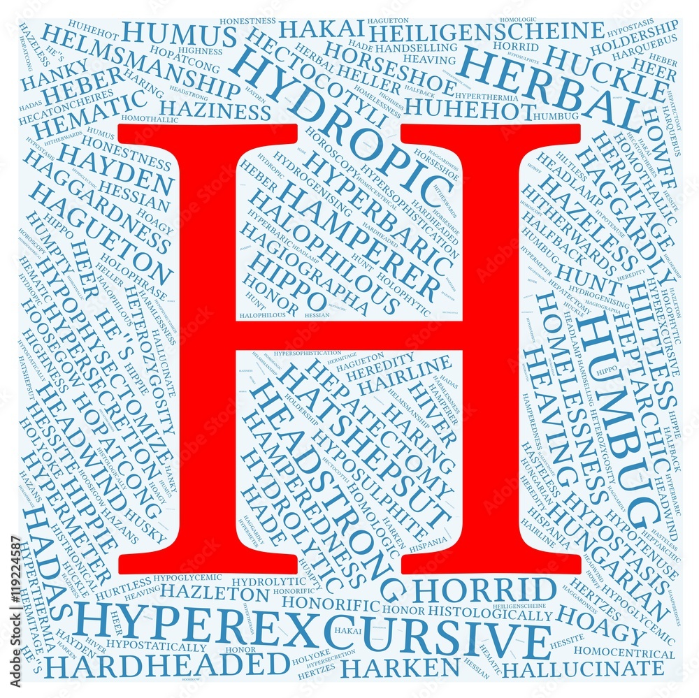Letter "H" with 100 words word cloud starting with letter "H". Stock ...