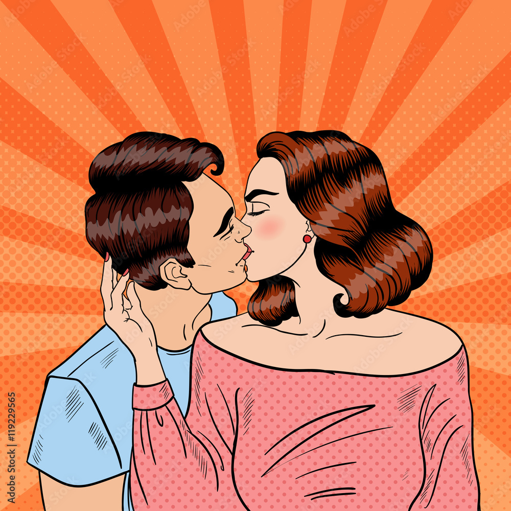 Happy Young Couple Kissing Pop Art Vector Illustration Stock Vector