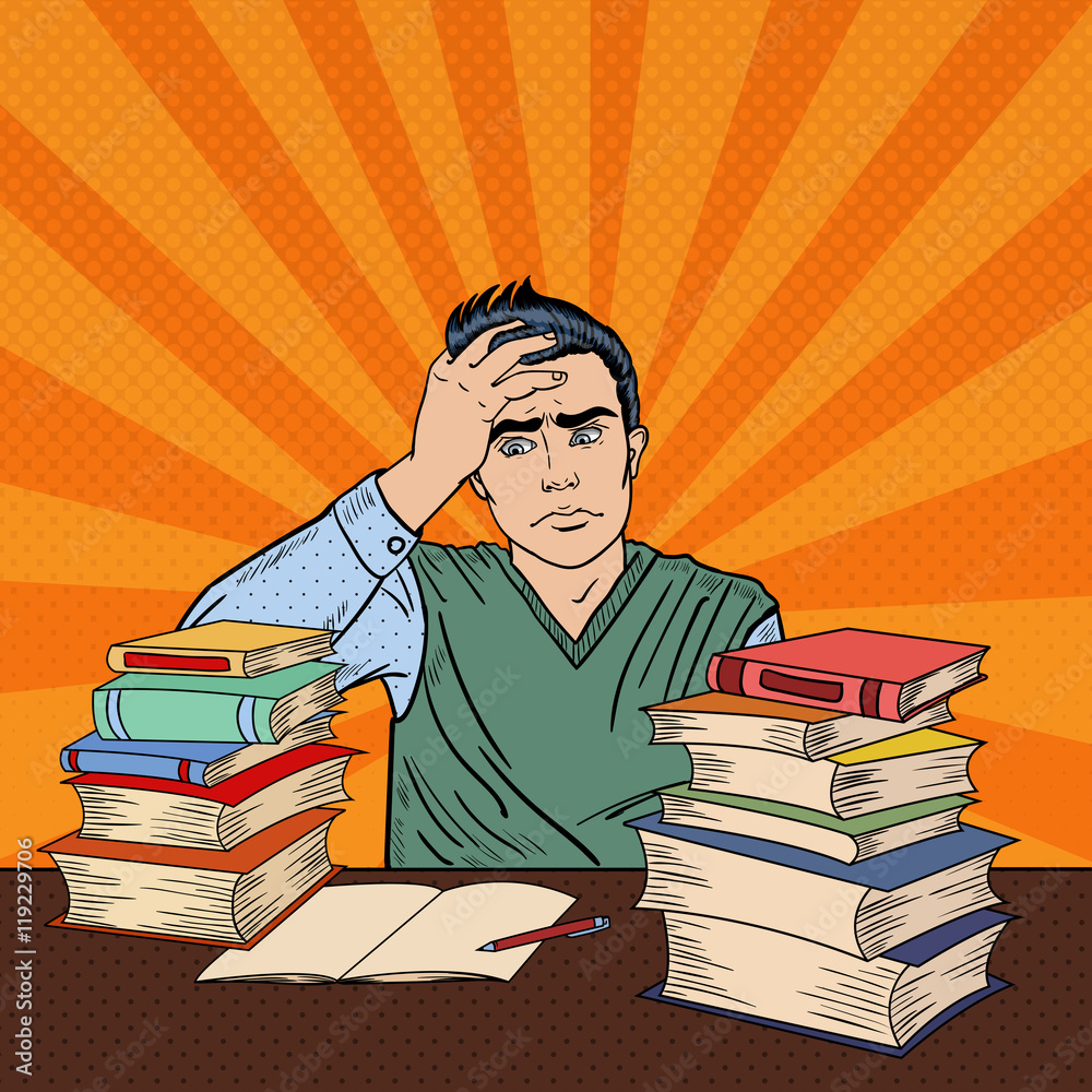 Depressed Young Student Sitting at the Table with Stack of Books. Pop ...
