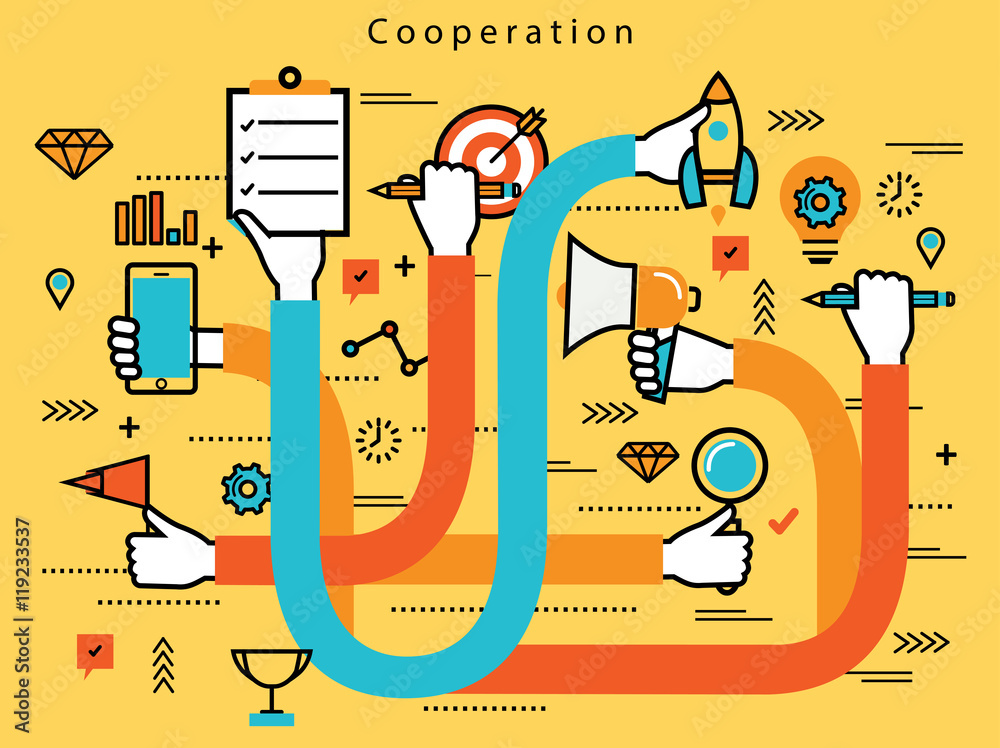 Line flat business design and infographic elements with human hands ...