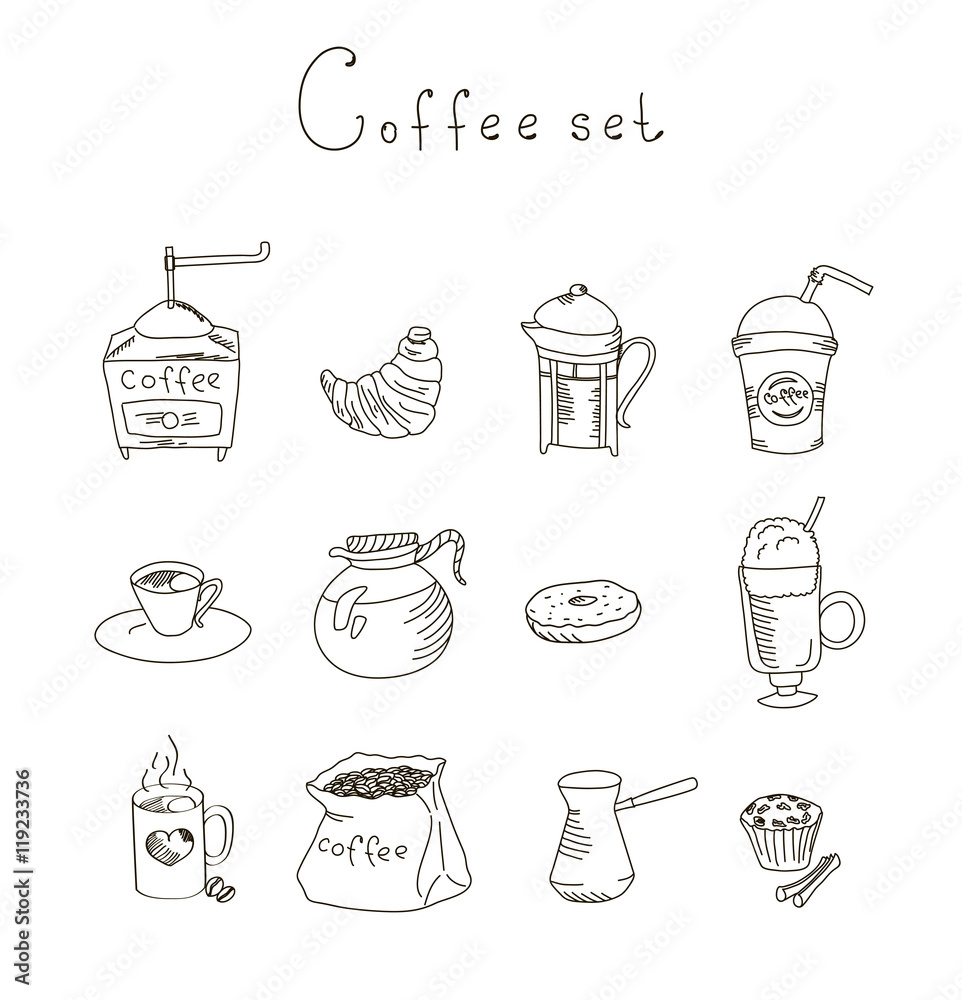 Set freehand drawing sweets bakery cafe coffee drinks doodles, vector ...