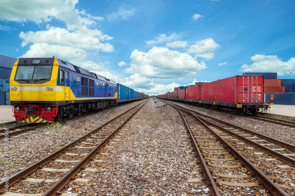 Cargo train platform with freight train container at depot Stock Photo ...