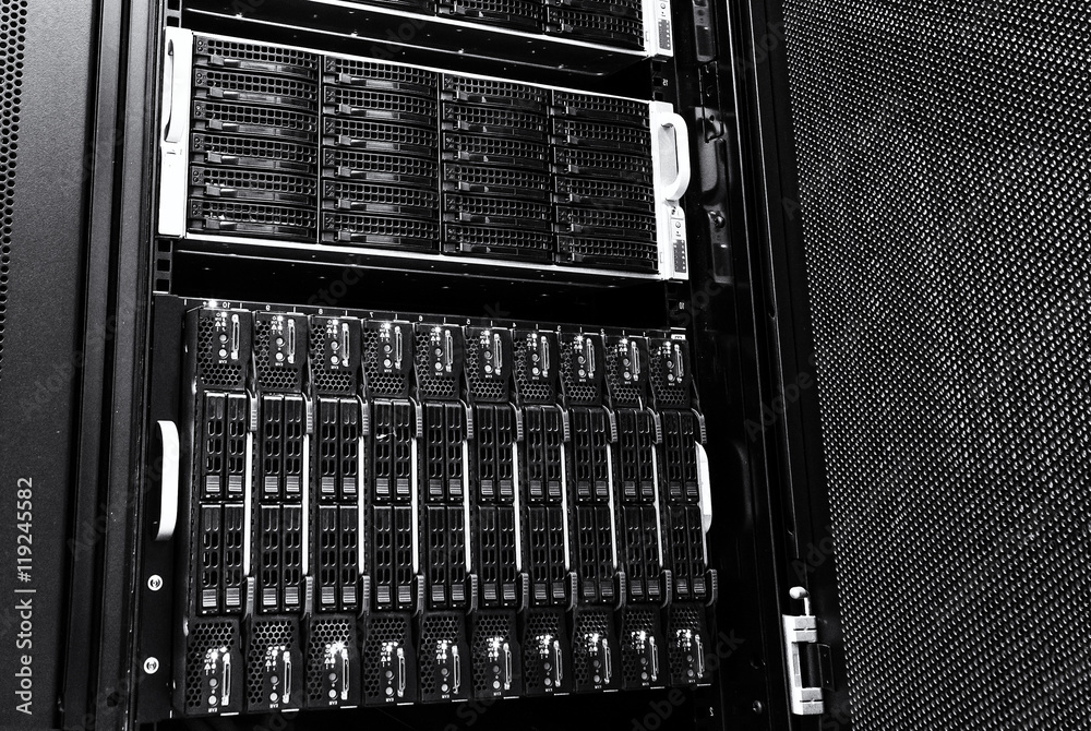 Rack disk storage in a modern data center. black and white Stock Photo ...