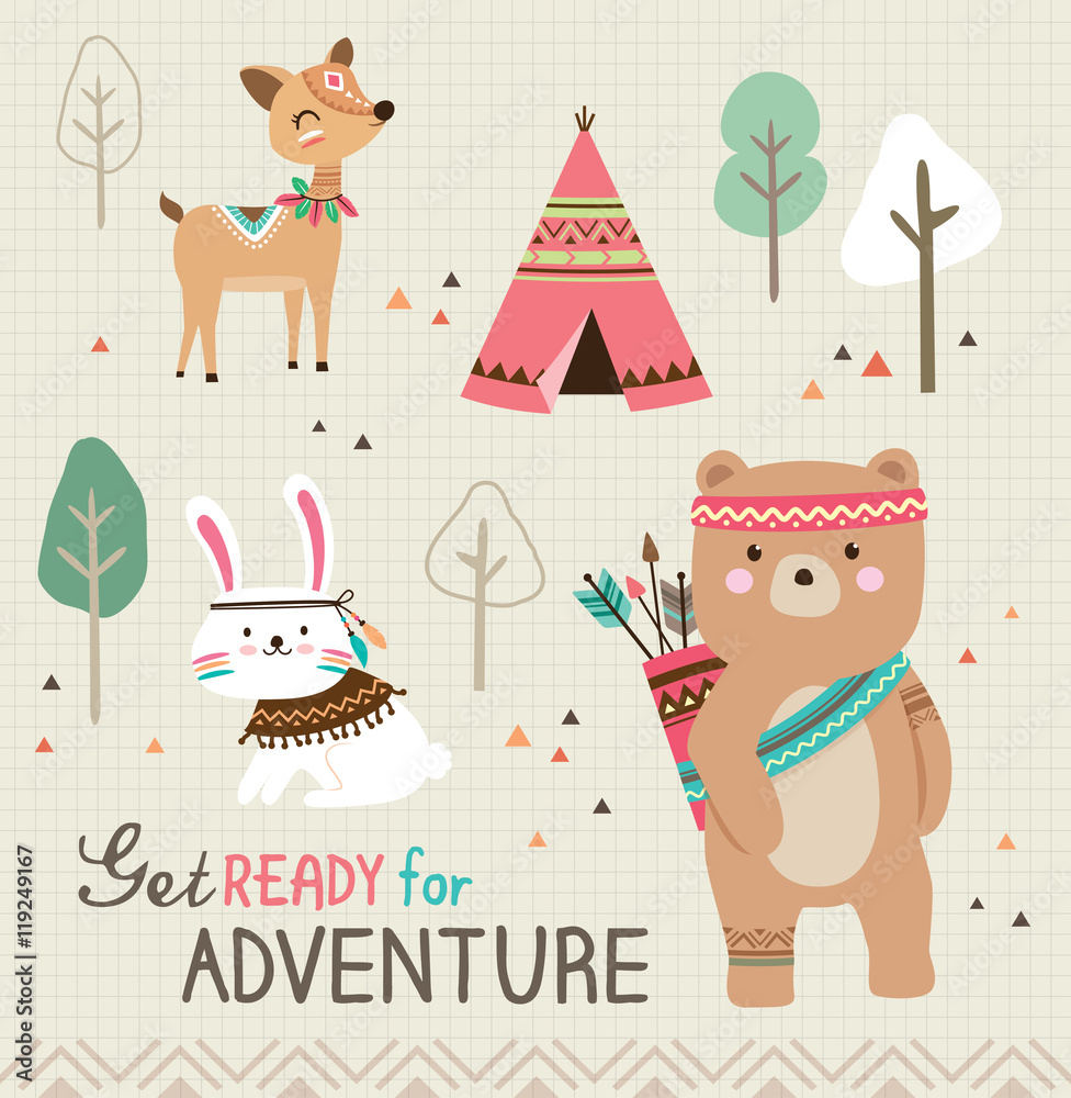 Get ready for adventure. Quote poster with cute tribal animals. Stock ...
