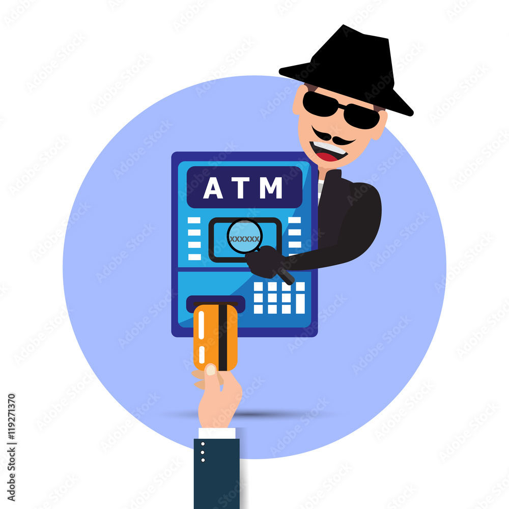Thief. Hacker stealing sensitive password from ATM machine. Phishing ...