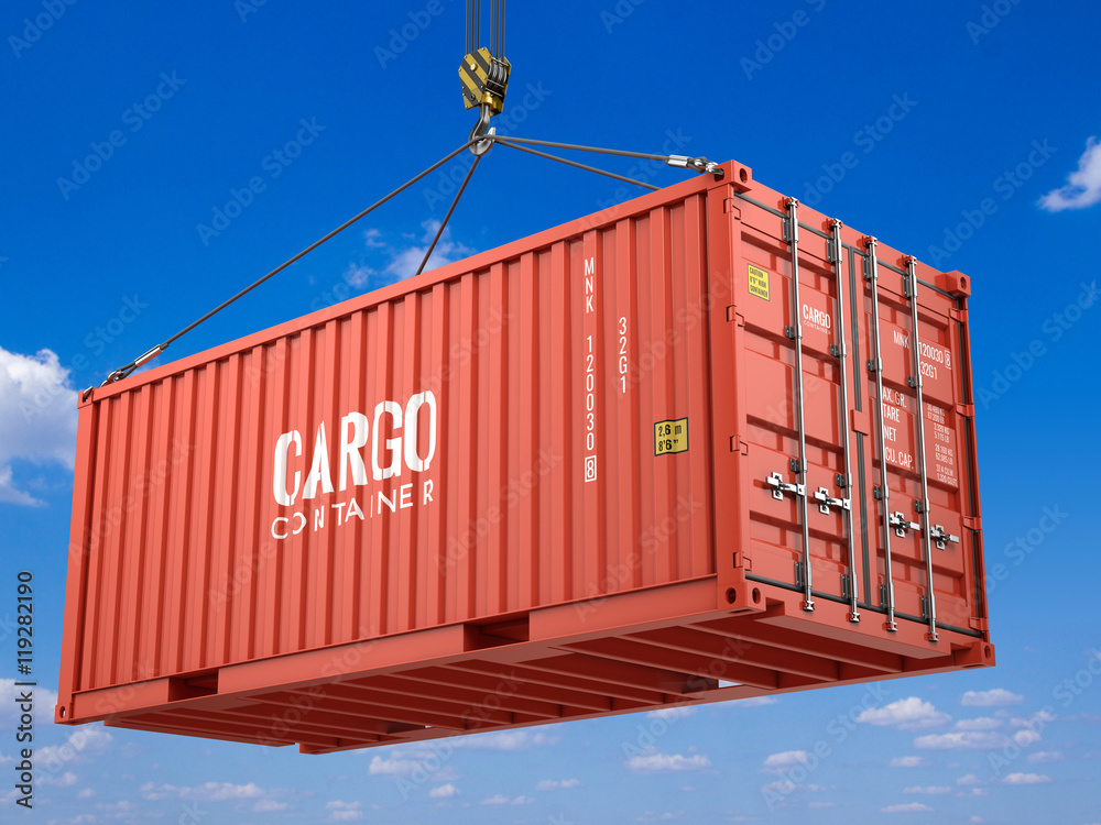 3d rendering of Red Freight cargo shipping container hanging on crane ...