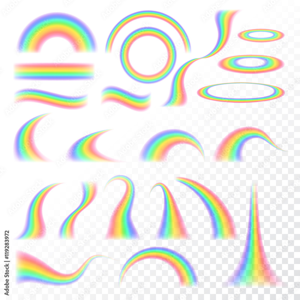 Set of transparent rainbows in various sizes and shapes. Realistic ...