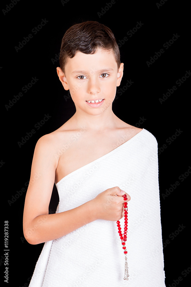 Cute Muslim Kid Praying While Wearing Ihram ( White Traditional Islamic ...