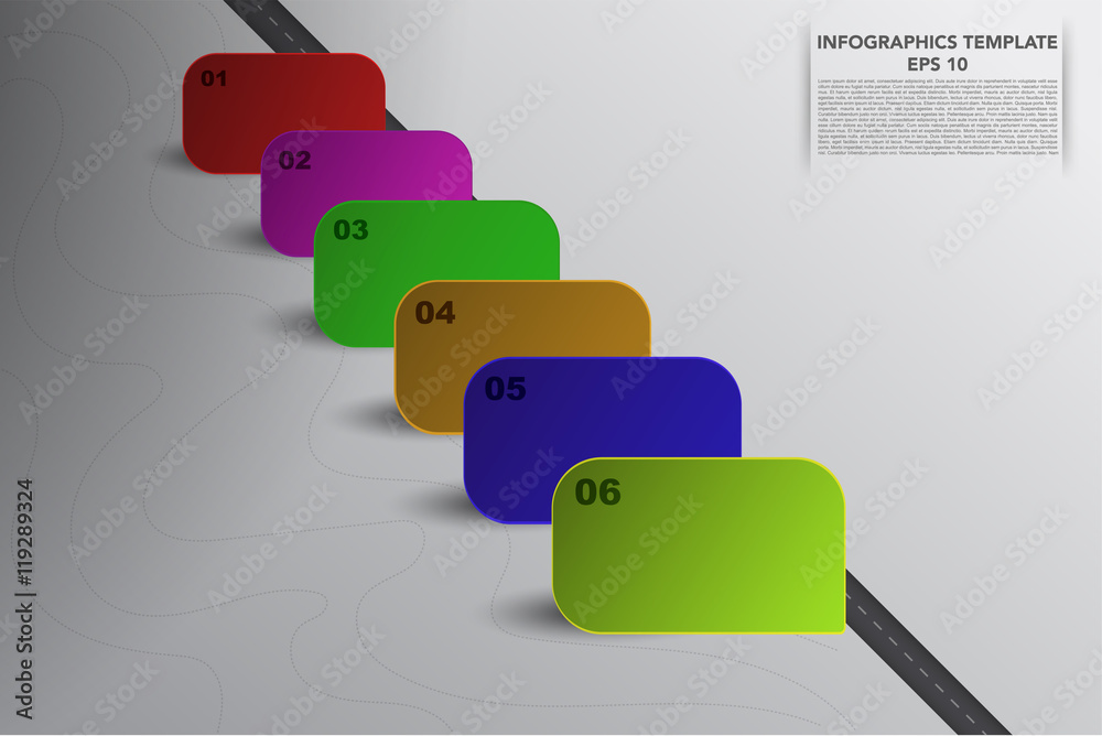 Six steps timeline infographics with 3D square objects in various ...