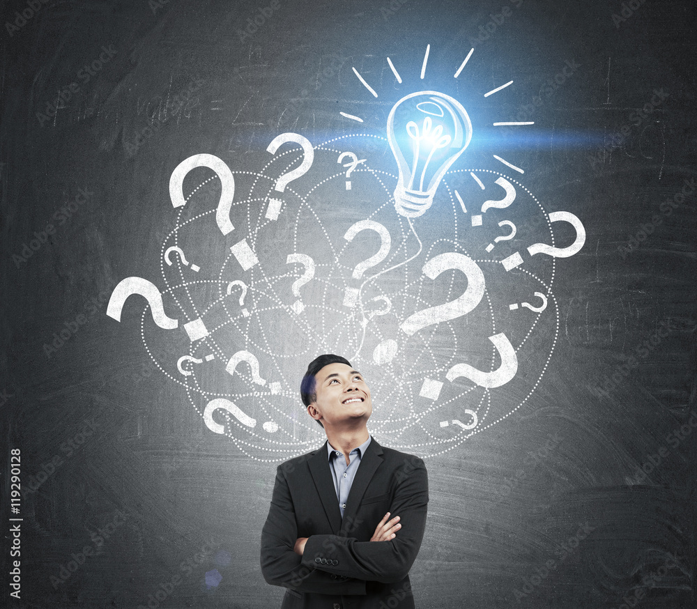 Asian businessman and question mark and light bulb sketch Stock Photo ...