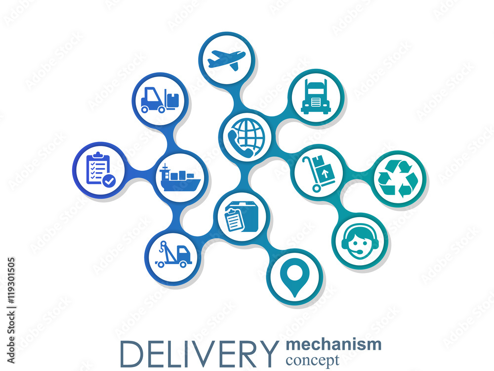 Delivery mechanism concept. Abstract background with connected gears ...