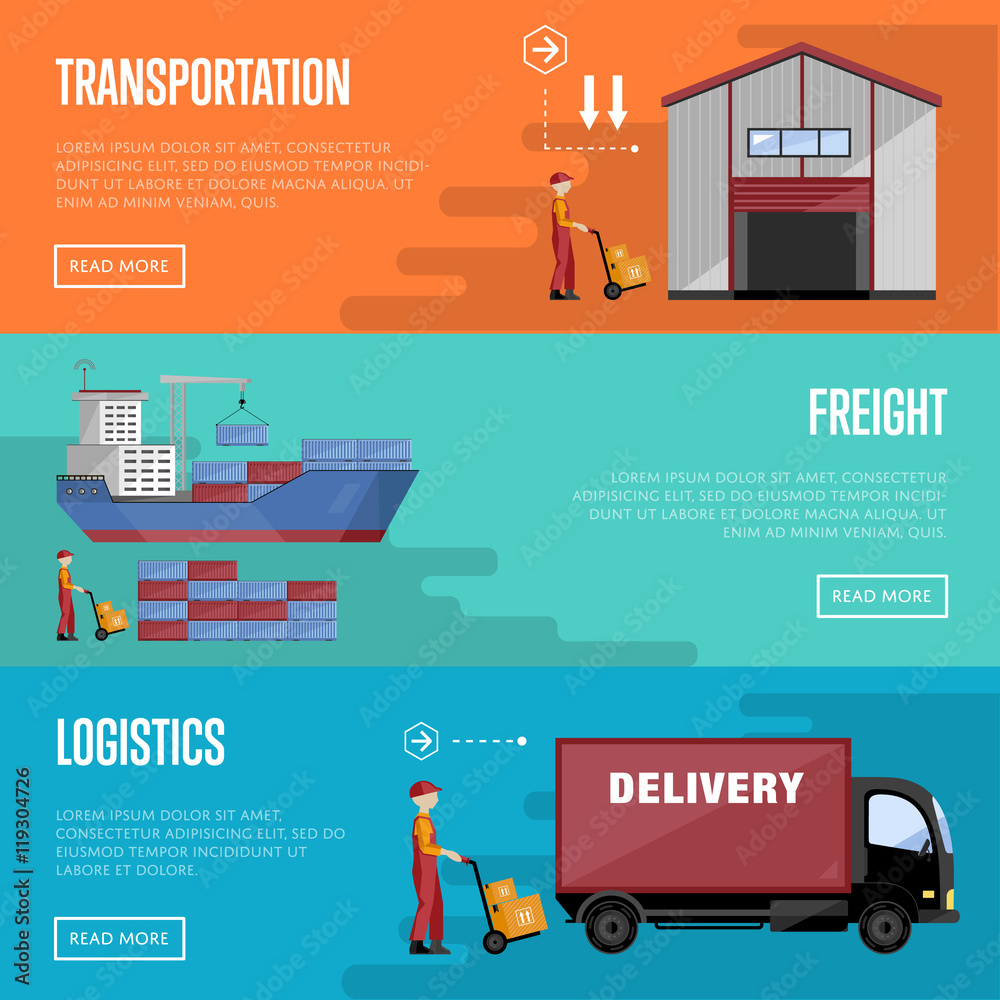 Sea port design concept set with container cargo and shipment flat ...