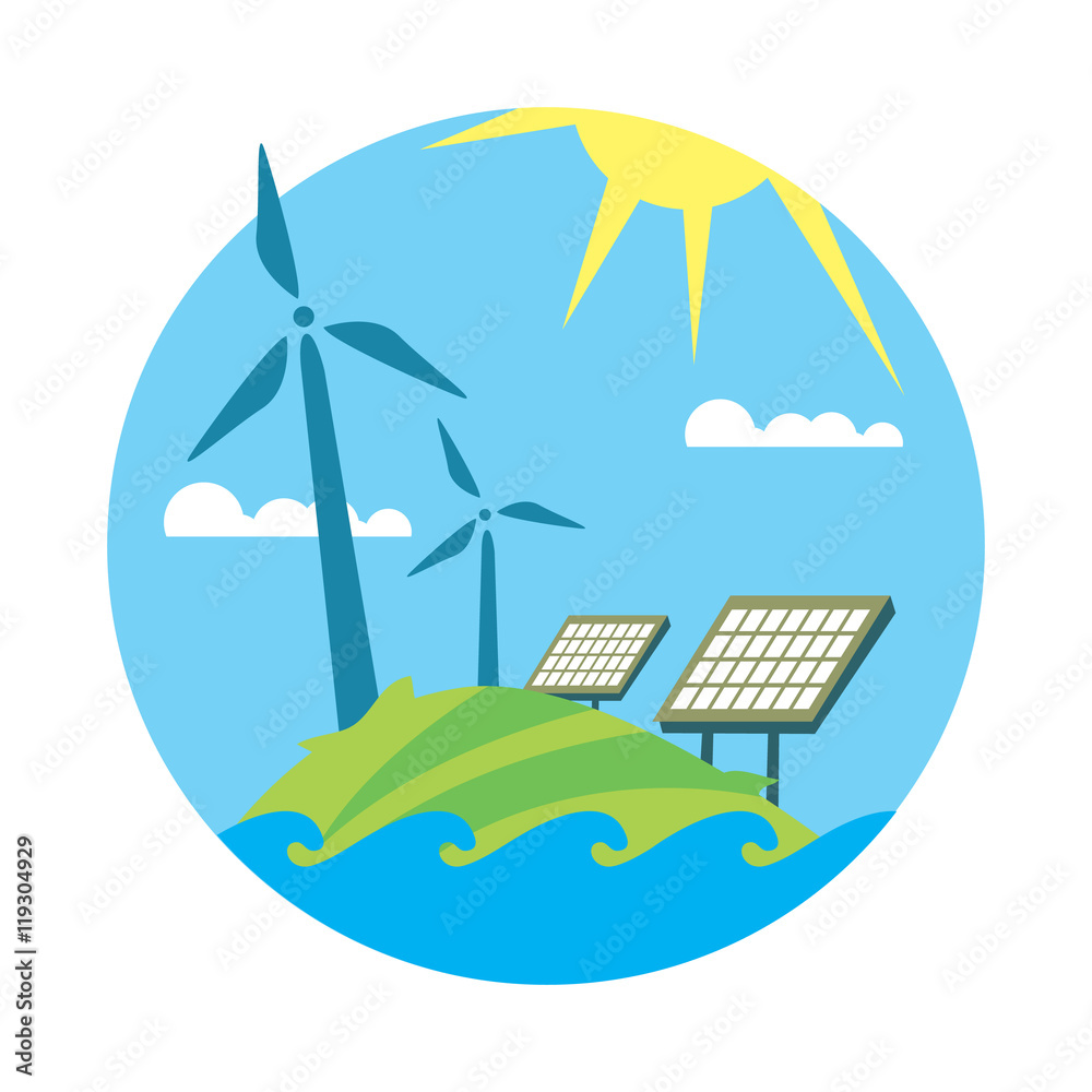 Renewable energy, round vector illustration. Wind turbines and solar ...