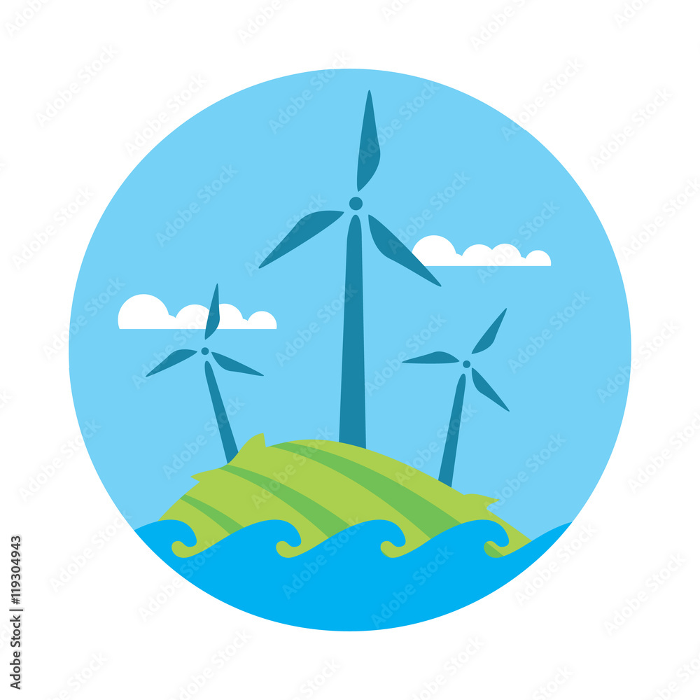 Wind power, round vector illustration. Wind turbines in green field on ...