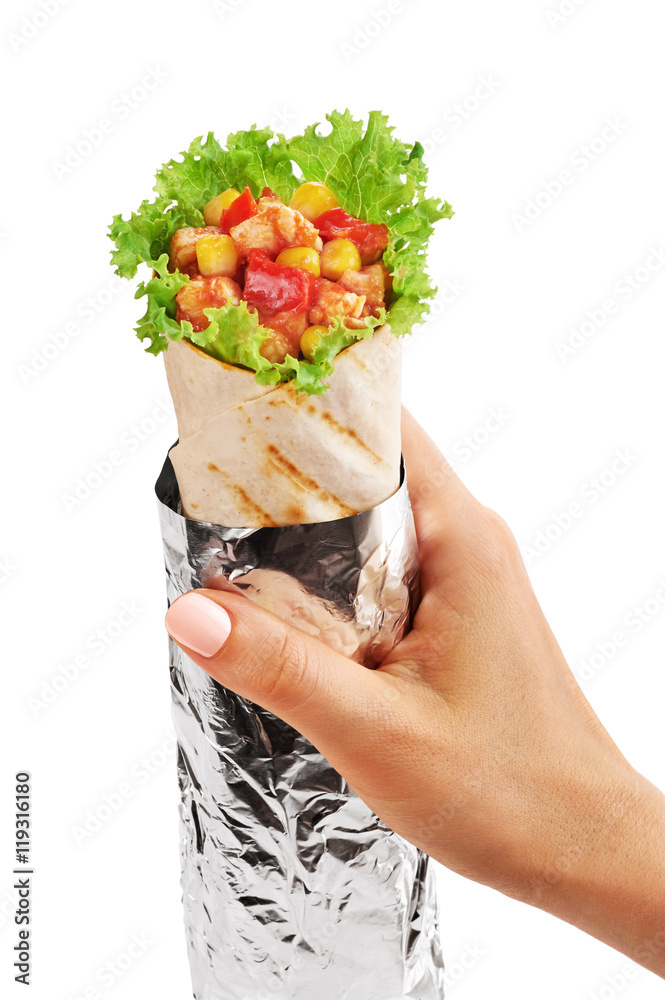 Female hand holding a burrito on a white background Stock Photo | Adobe ...
