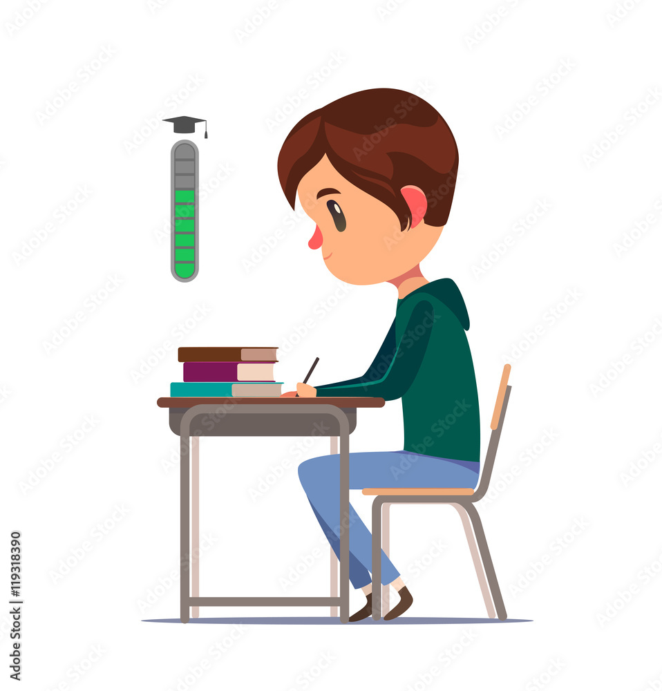 Student sitting behind desk and studying. High school level up. Vector ...