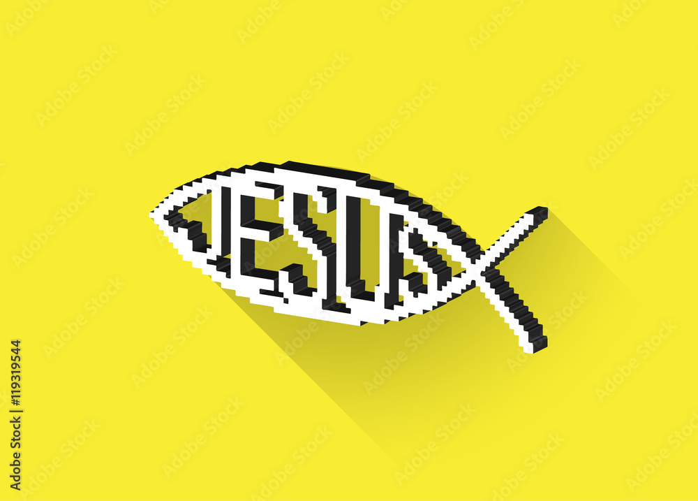 3d isometric pixelated christian fish symbol (Jesus) in a flat design ...