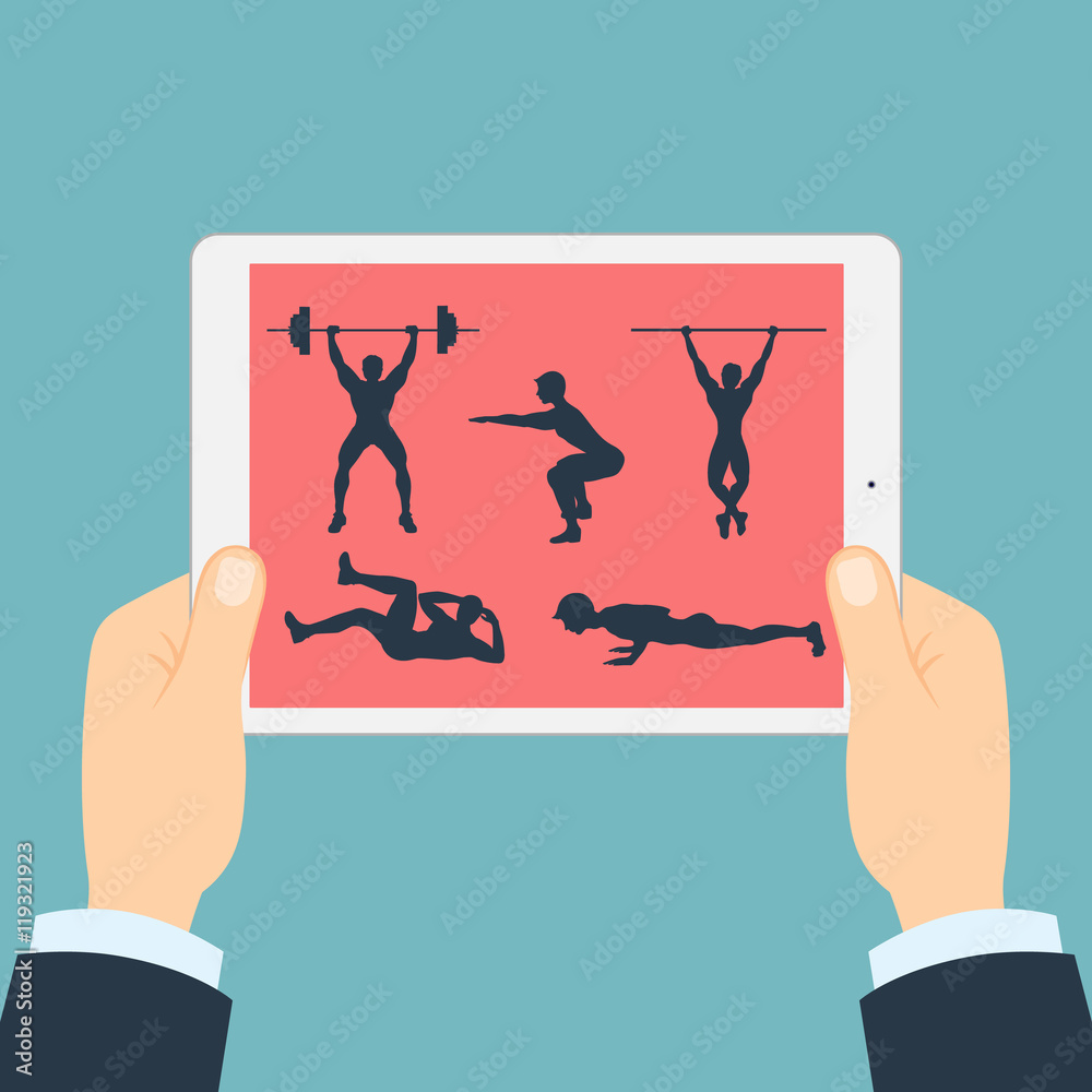 Fitness app for tablet. Hands holding tablet. Bodybuilding app. How to ...