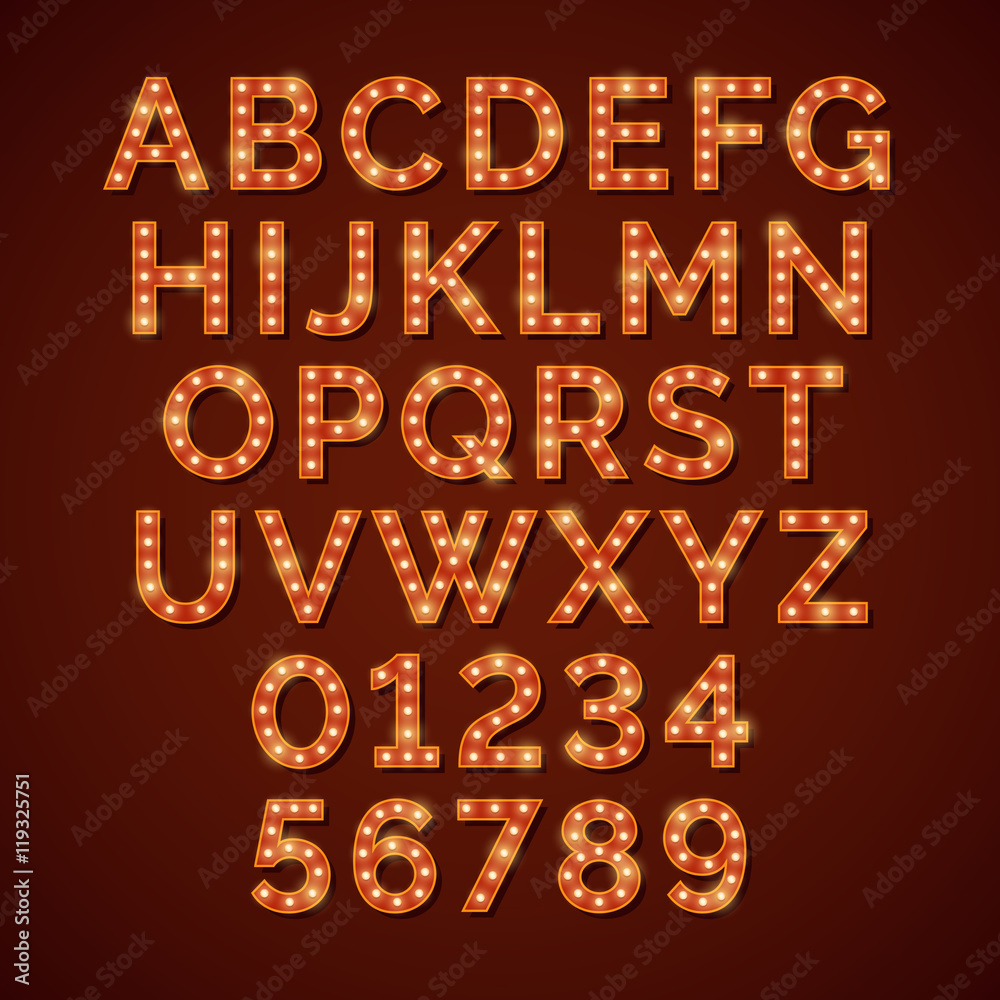 Retro light bulb bright alphabet, vector font Stock Vector | Adobe Stock