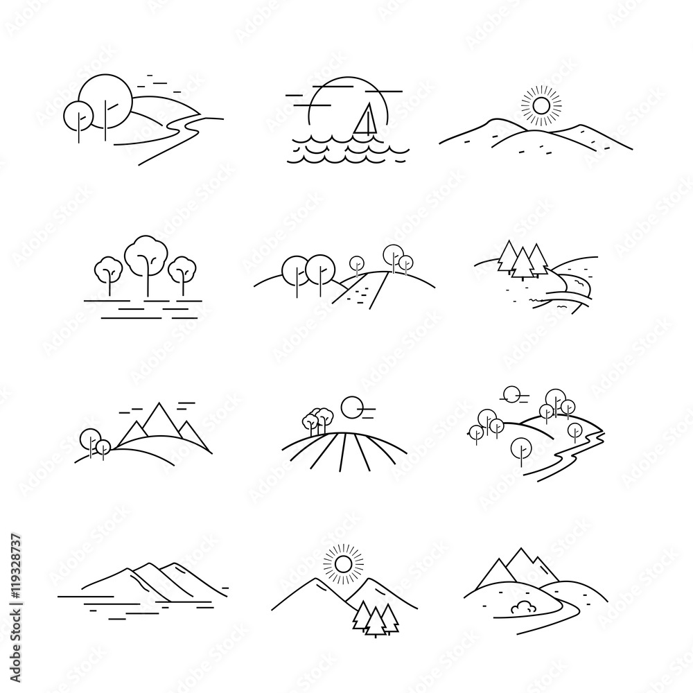 Landscape Icons Set - Isolated On White Background. Vector Illustration ...