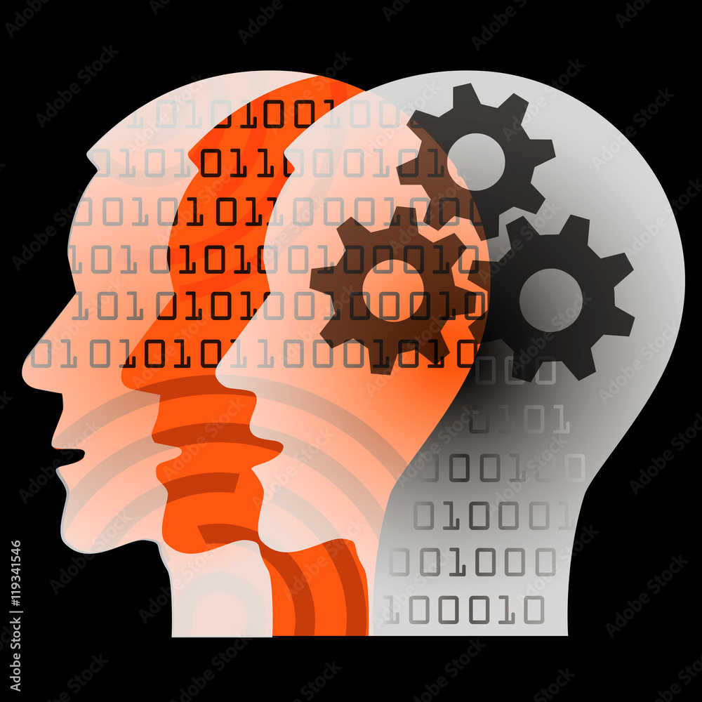 Human heads with binary codes. Three Male head silhouettes with gear ...