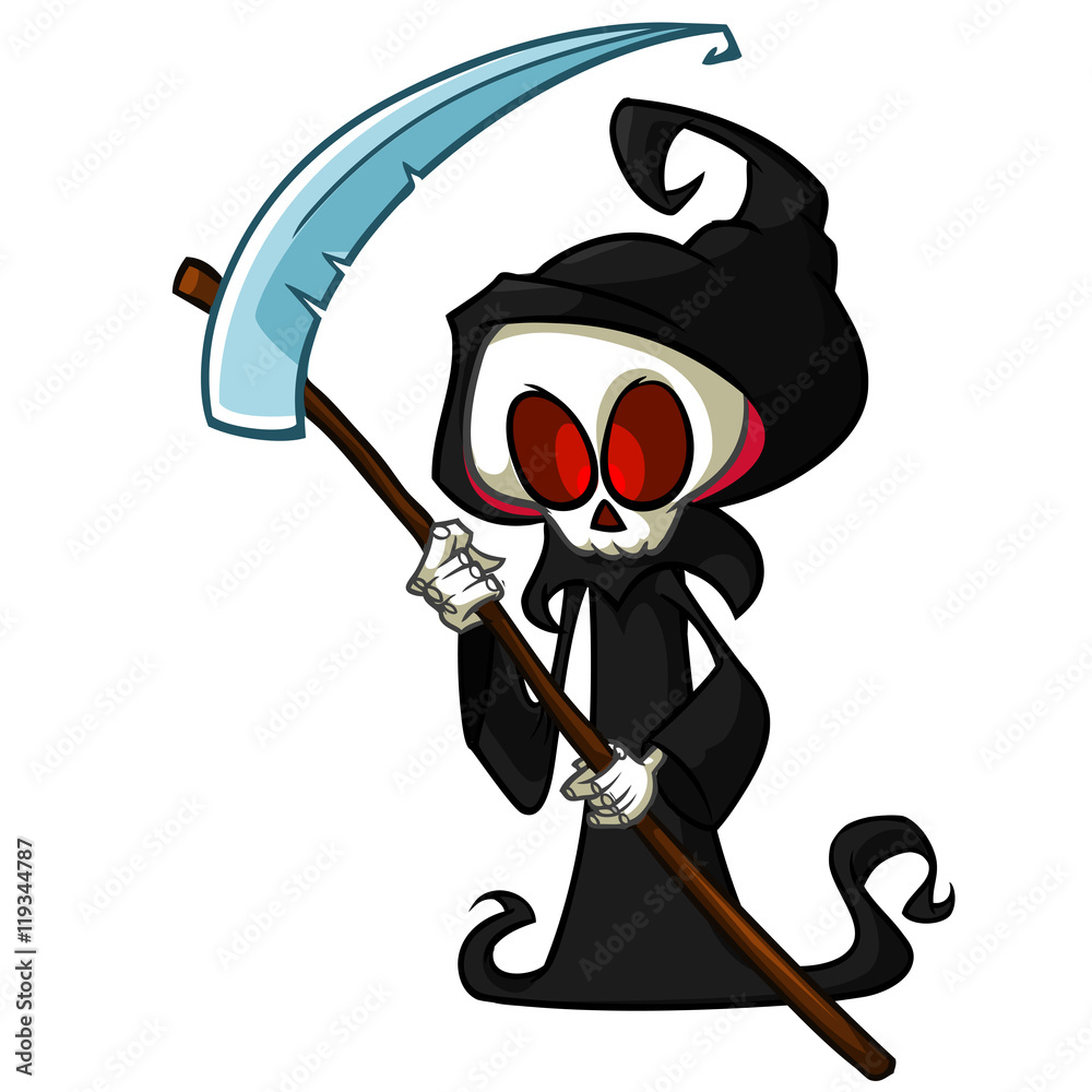 Grim reaper cartoon character with scythe isolated on a white ...