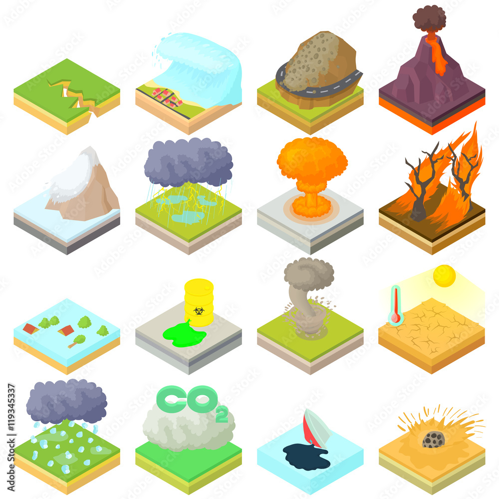 Natural disaster icons set in isometric 3d style. Catastrophe and ...