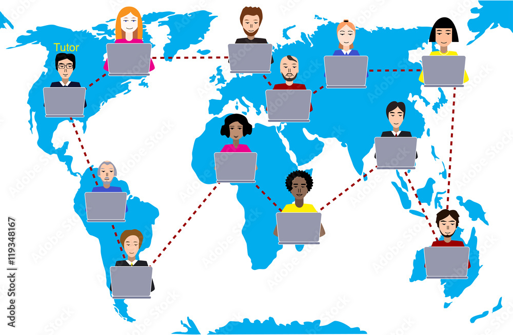 Concept of distance education and e-learning. Tutor instructs students ...