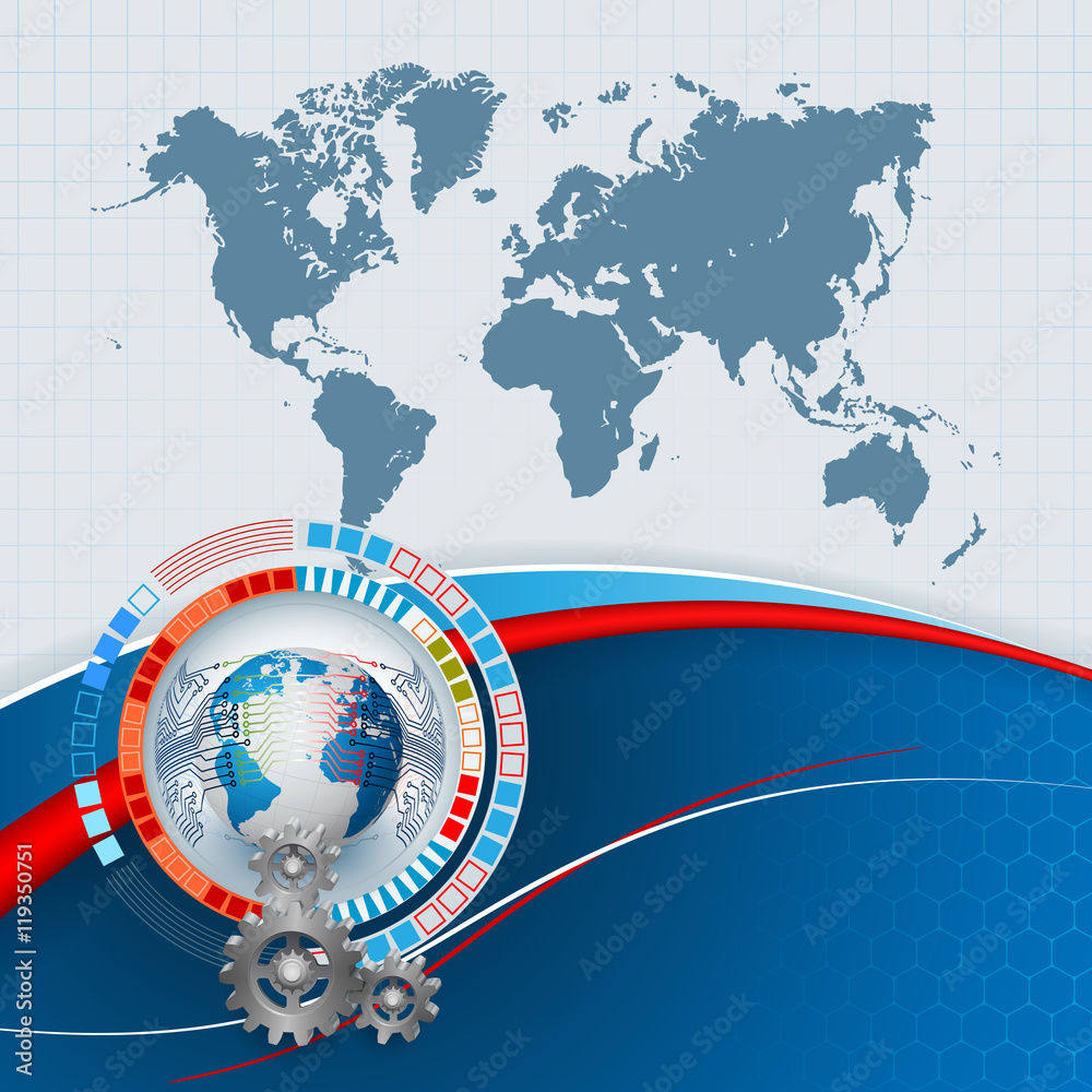 Abstract, technology concept idea, background with 3d gears and Earth ...