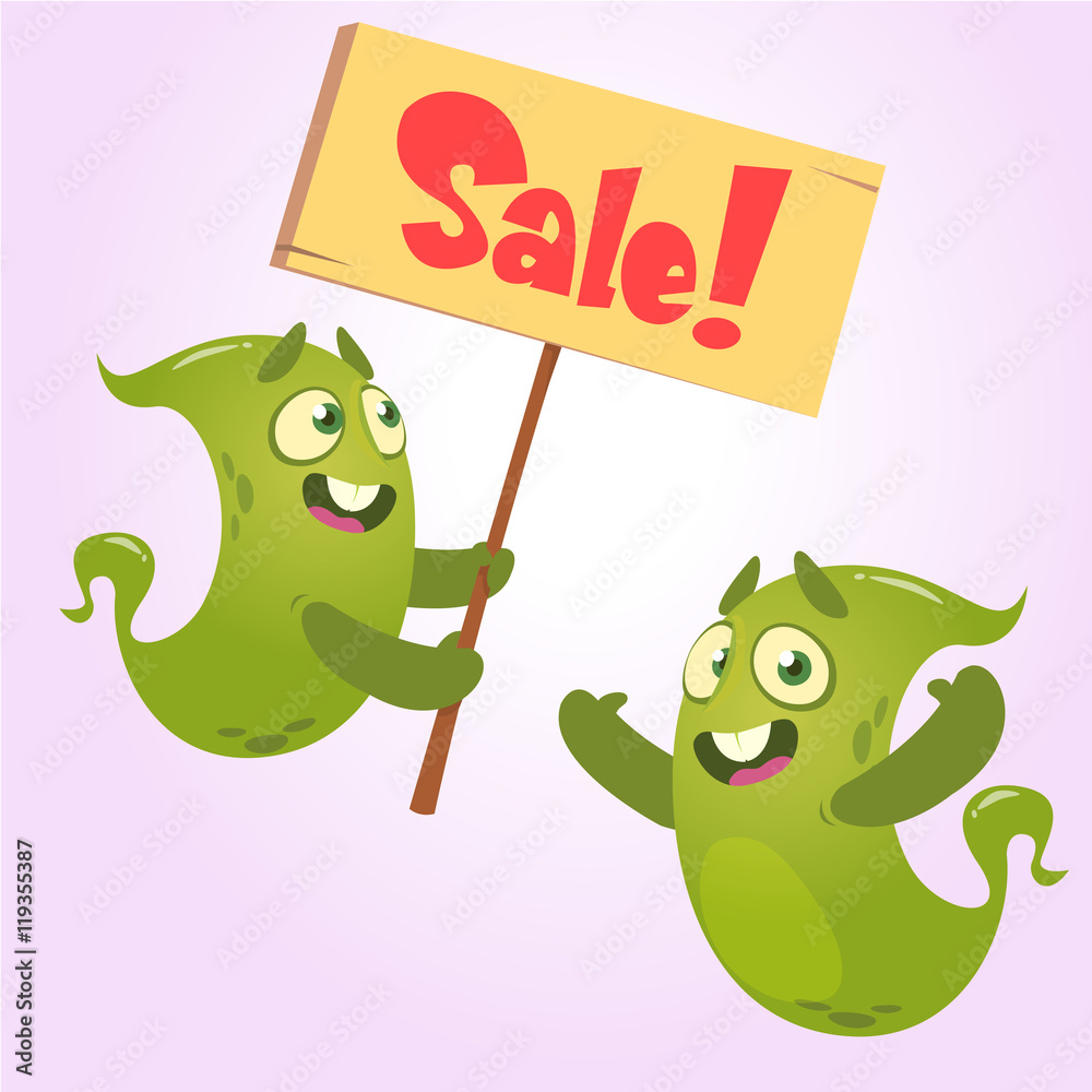 Cute cartoon monster holding sale sign. Green monsters set for shopping ...
