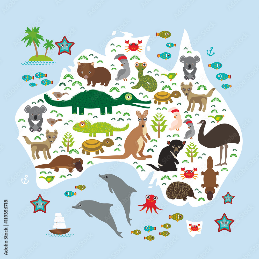 map of Australia. Echidna Platypus ostrich Emu Tasmanian devil Cockatoo ...