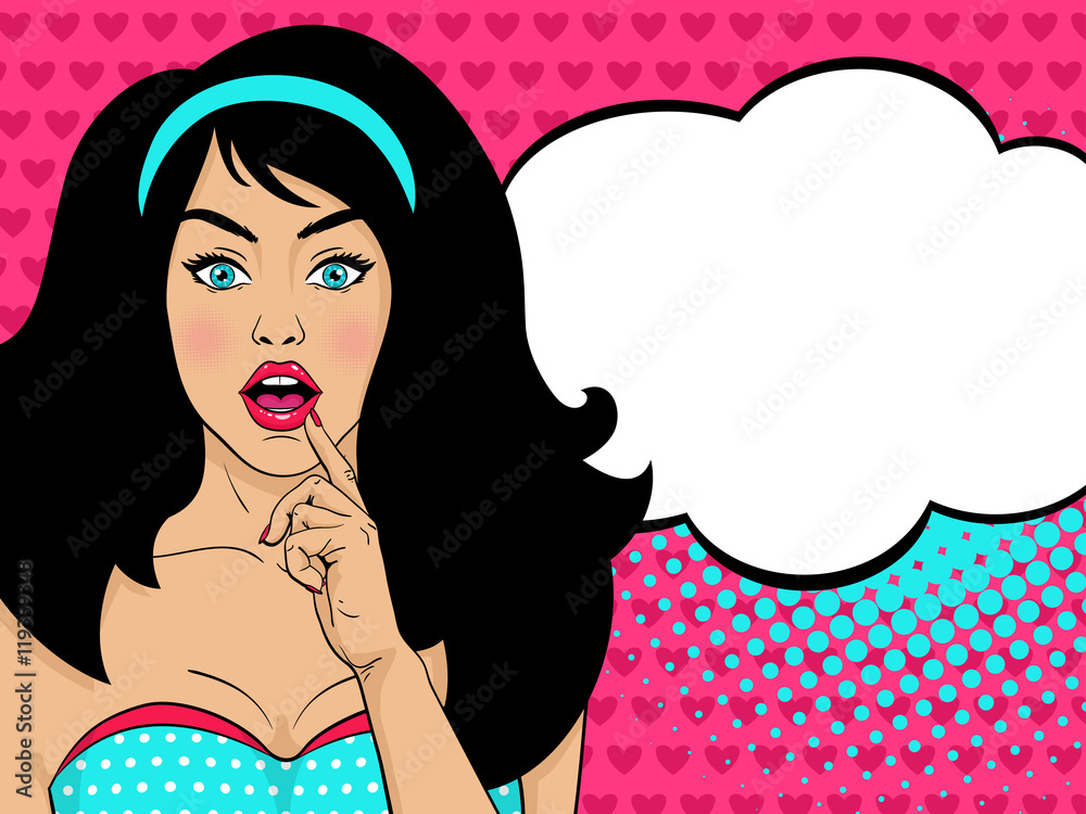 Wow Pop Art Female Face Sexy Surprised Girl With Long Black Hair Open