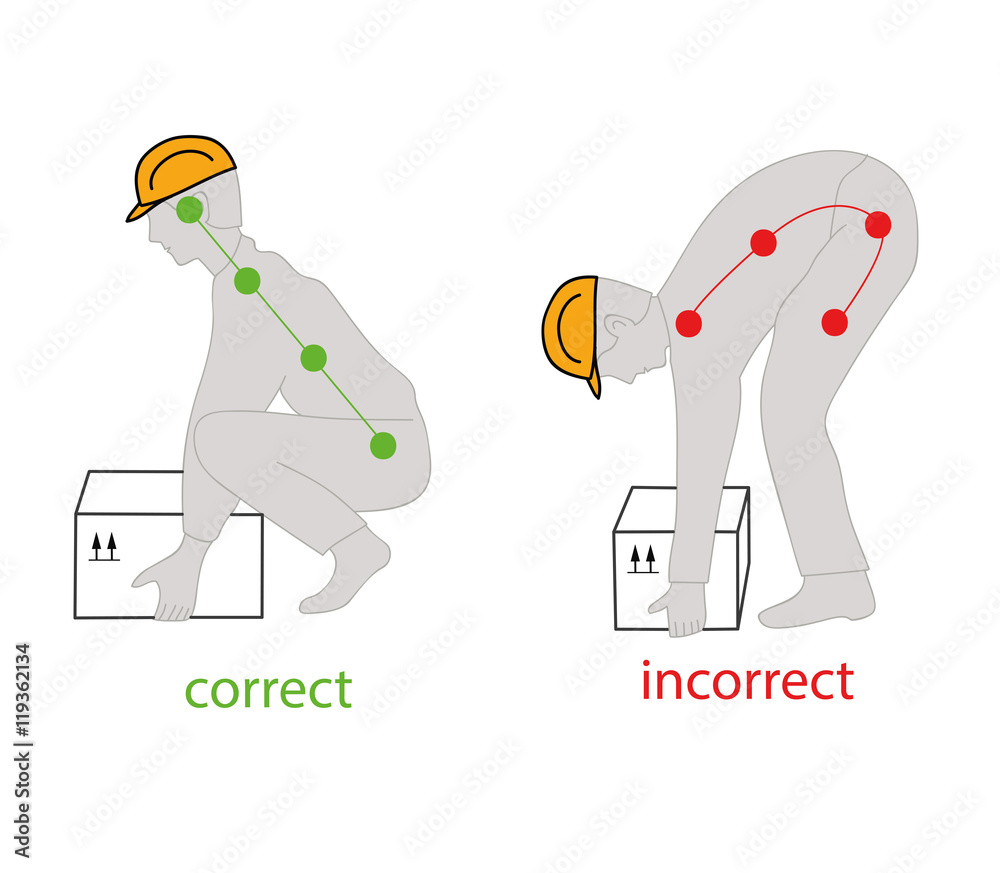 Correct posture to lift a heavy object safely. Illustration of health ...