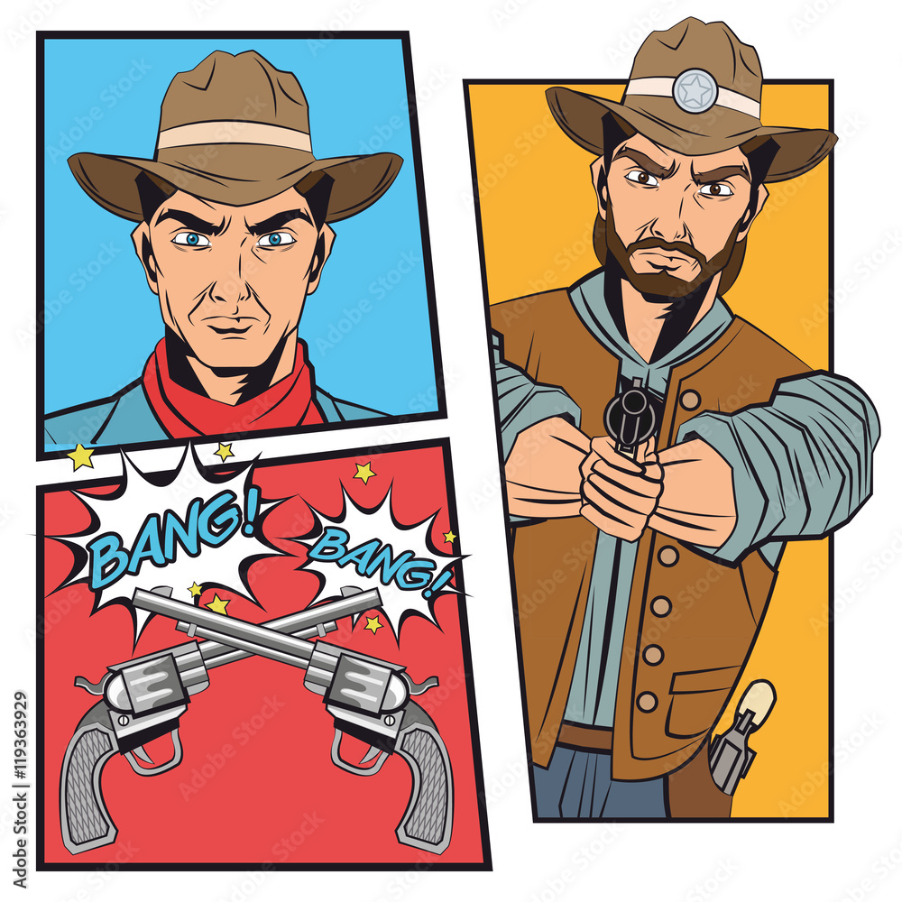 Cowboy bubble man gun revolver pop art cartoon icon. Colorful design ...