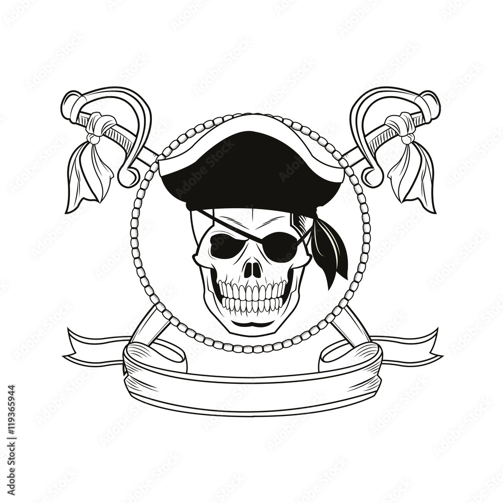 skull sword ribbon cartoon pirate tattoo marine nautical icon. Black ...