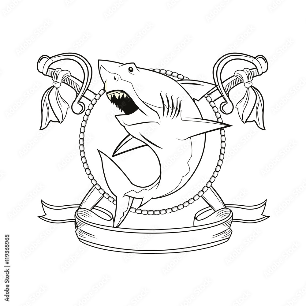 shark sword ribbon cartoon pirate tattoo marine nautical icon. Black ...