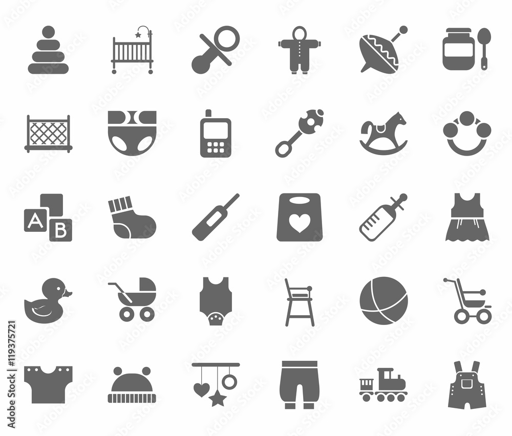 Vecteur Stock Children's products, monochrome, flat icons. Clothes ...