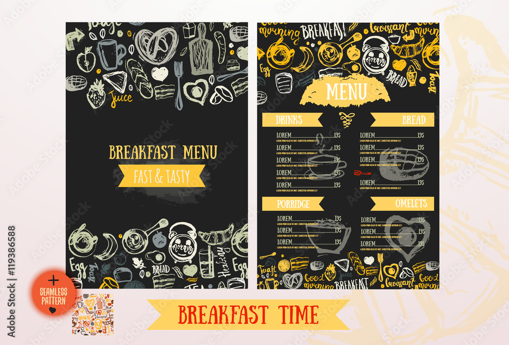 Breakfast menu design template. Modern hand-drawn sketch with lettering ...
