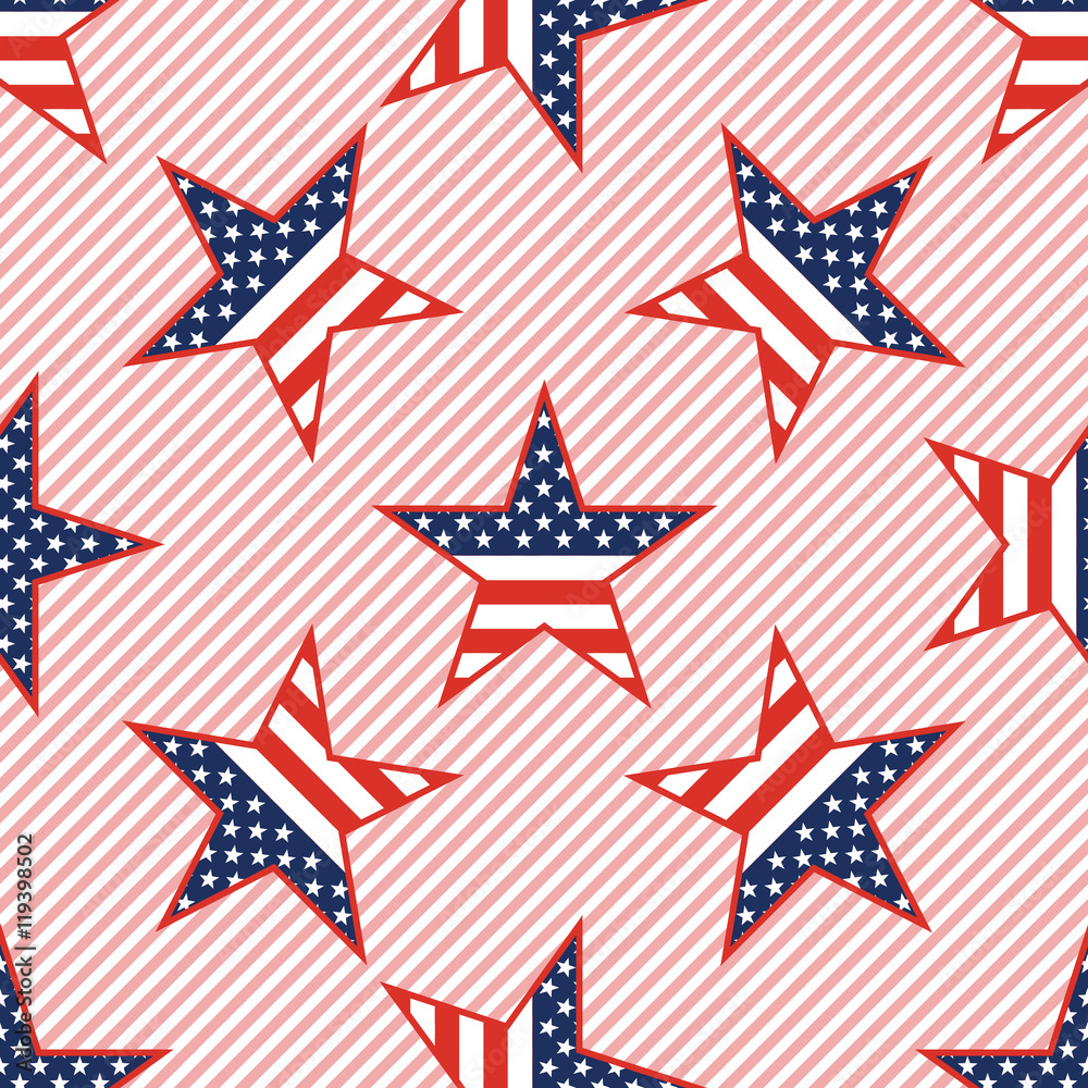 US patriotic stars seamless pattern on red stripes background. American ...