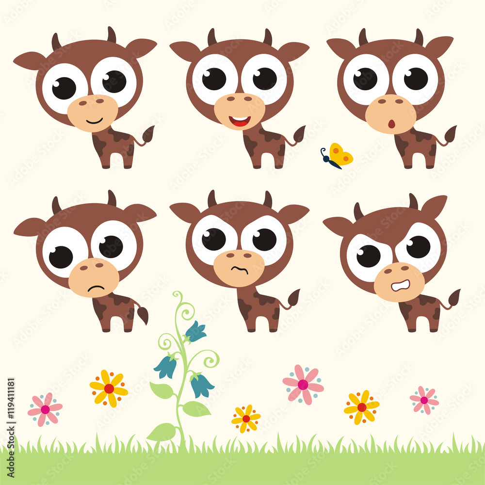 Vector set cute cow. Collection isolated funny cow. Emotion little cow ...