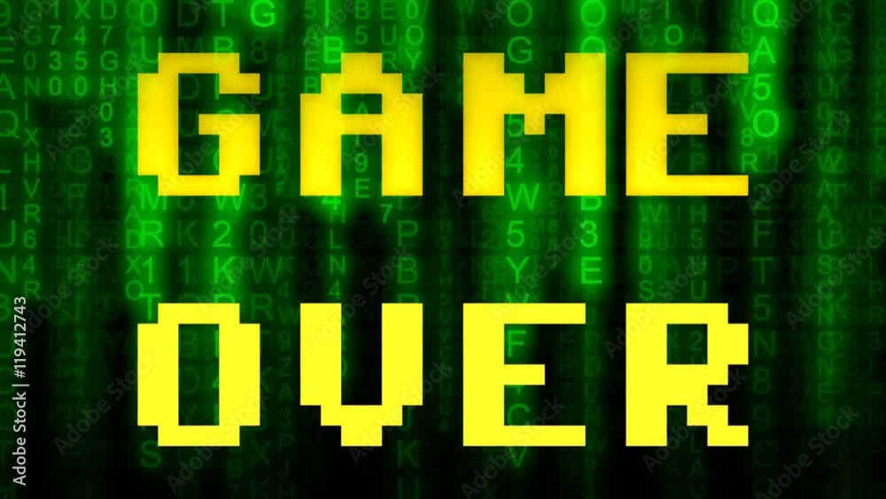 A game over screen, 8 bit retro style, mixed with code rain (random ...
