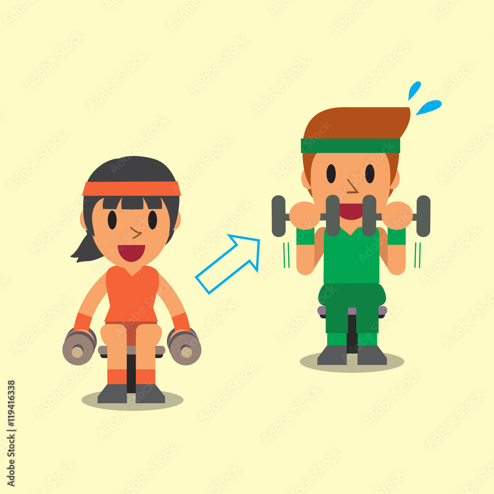 Cartoon man and woman doing dumbbell curl exercise step training Stock ...
