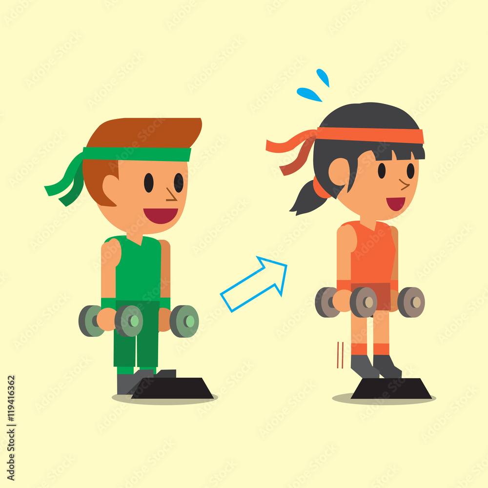 Cartoon man and woman doing standing dumbbell calf raise exercise step ...
